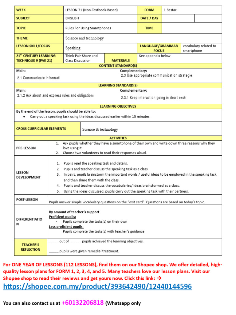 Latest Form 1 Lesson Plan (Cefr/kssm English Daily Lesson Plan) RPH ...