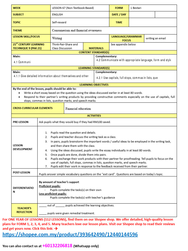 Latest Form 1 Lesson Plan (Cefr/kssm English Daily Lesson Plan) RPH ...