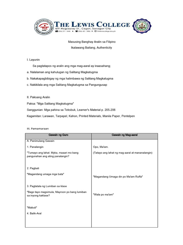 Banghay Aralin in Filipino II ... | PDF