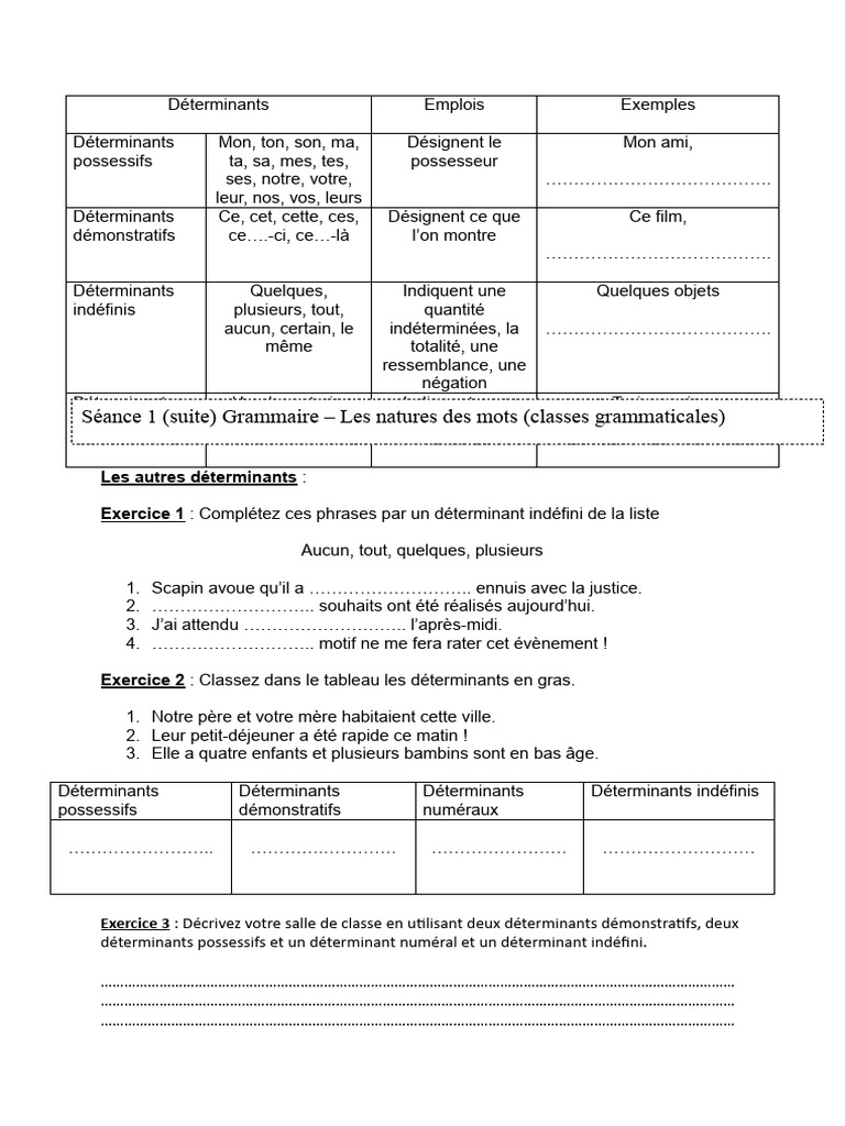Les déterminants et adjectifs en grammaire | PDF | Syntaxe | Morphologie linguistique