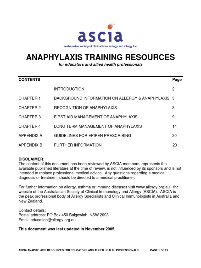 ASCIA Anaphylaxis Training Resources NOV05 | PDF | Allergy | Allergen