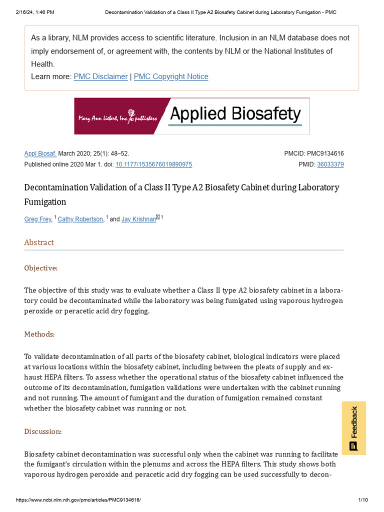 Decontamination Validation of A Class II Type A2 Biosafety Cabinet During Laboratory Fumigation ...