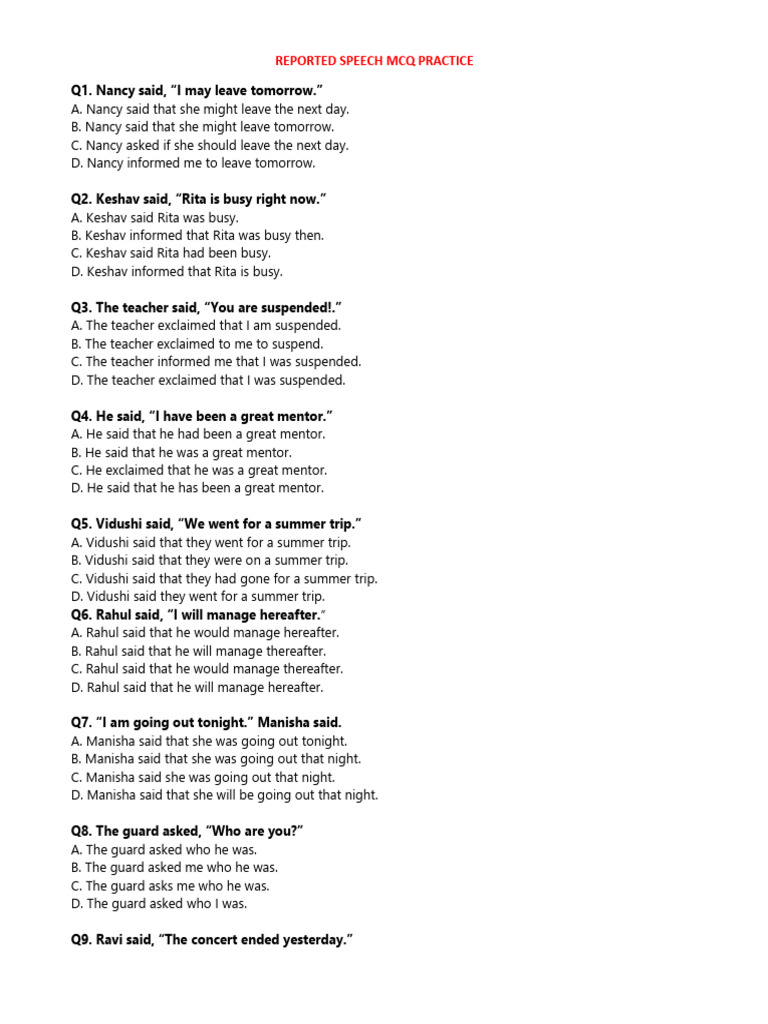 Reported Speech Mcq Practice Pdf