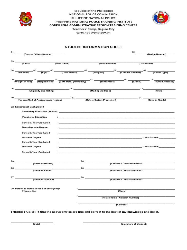 Philippine National Police Student Info Sheet | PDF