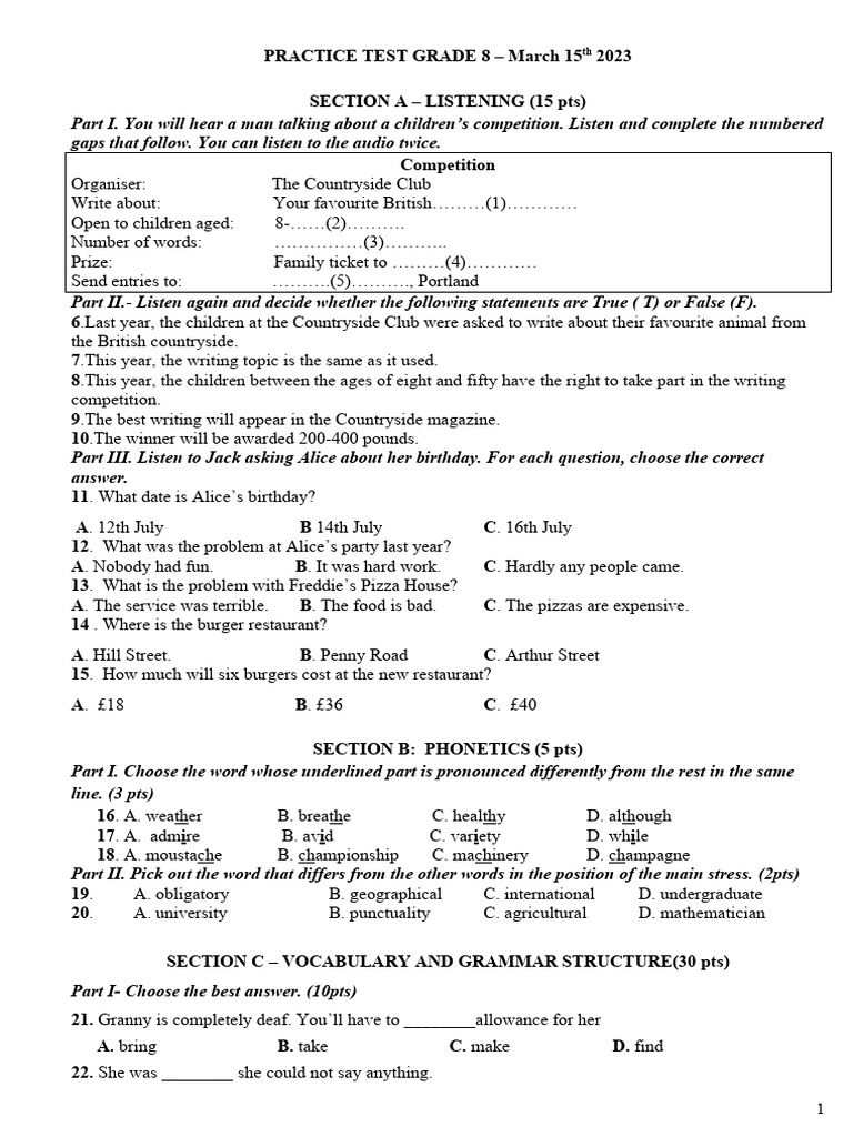 PRACTICE TEST GRADE 8 | PDF | Lake | Water