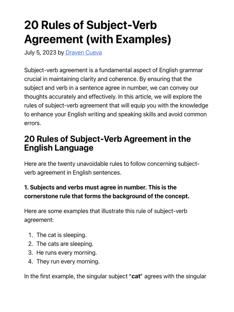 20 Rules of Subject-Verb Agreement (With Examples) | PDF | Verb ...