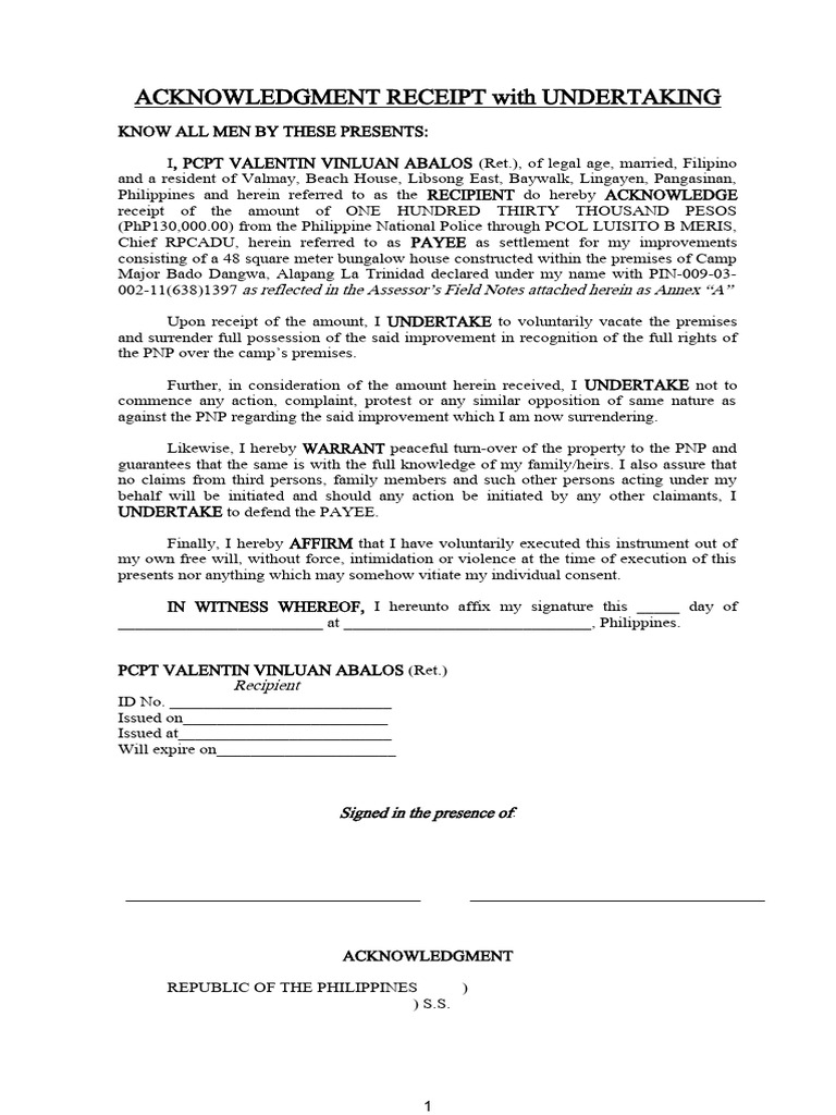 Acknowledgment Receipt With Undertaking: As Reflected in The Assessor's ...