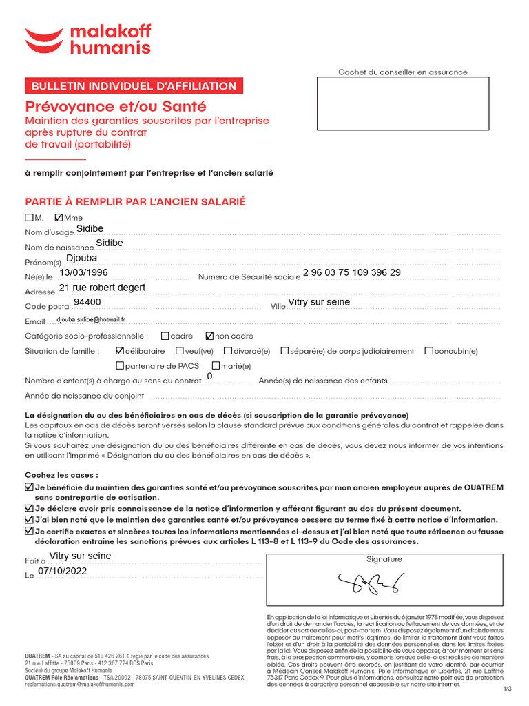 Bulletin de Portabilité Mutuelle | PDF | Assurance | Droit des affaires