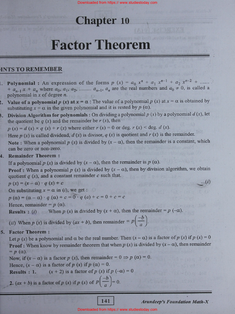 ICSE Class 10 Maths Ad Chapter 10 Factor Theorem | PDF | Wellness