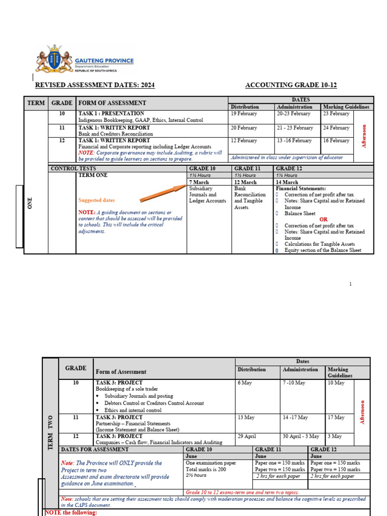 Revised 2024 Accounting Assessment Dates - Grade 10-12 | PDF ...