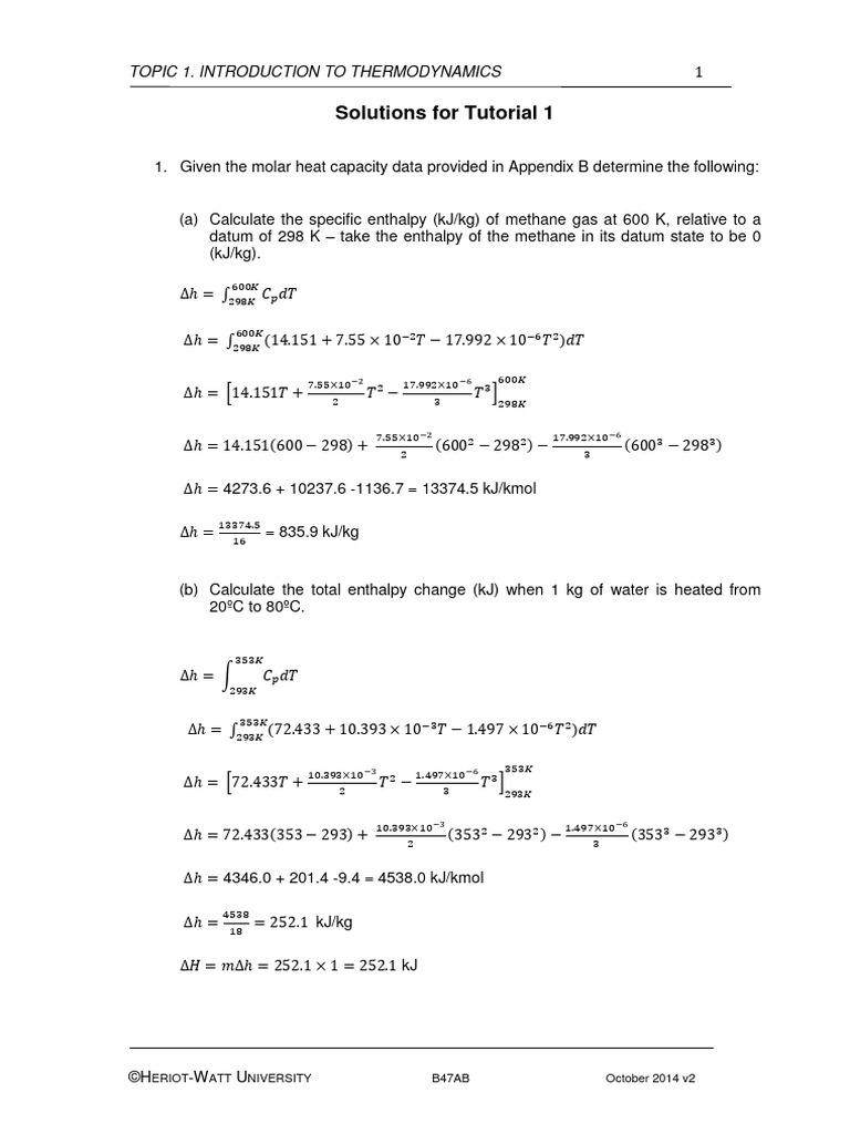 Process Ind B Tutorial 1 Answers Final | PDF | Enthalpy | Heat