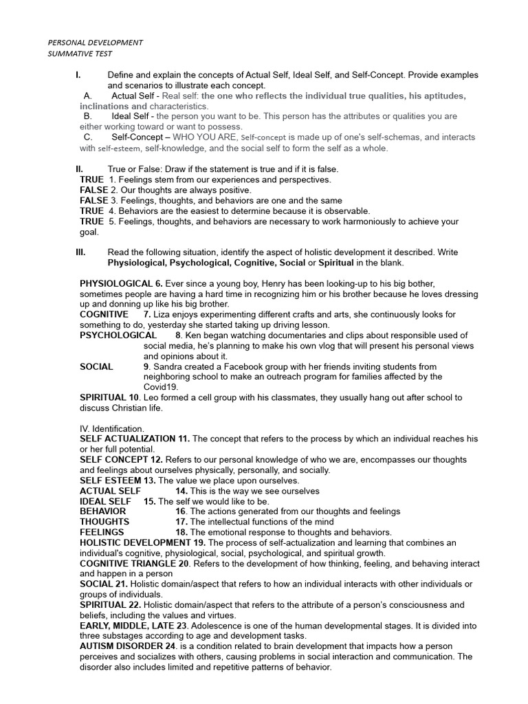 Summative Test Perdev Key To Correction | PDF | Mental Disorder | Thought