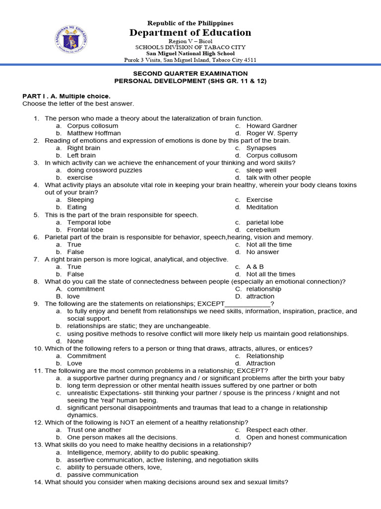 2nd PERIODICAL TEST perdev | PDF | Lateralization Of Brain Function ...