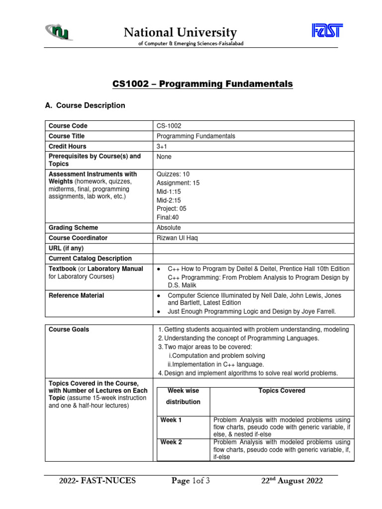 PF-Course Outline-Fall 2022 | PDF | Control Flow | Algorithms PF-Course Outline-Fall 2022 | PDF | Control Flow | Algorithms