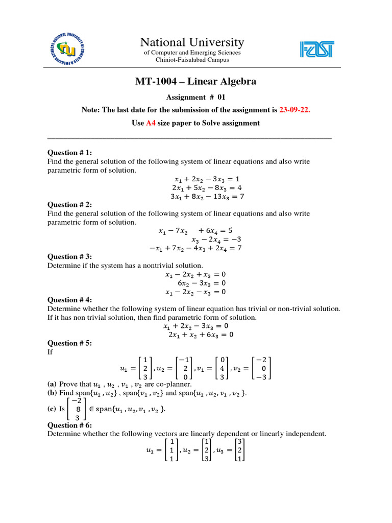 Linear Algebra Assignment # 1 | PDF