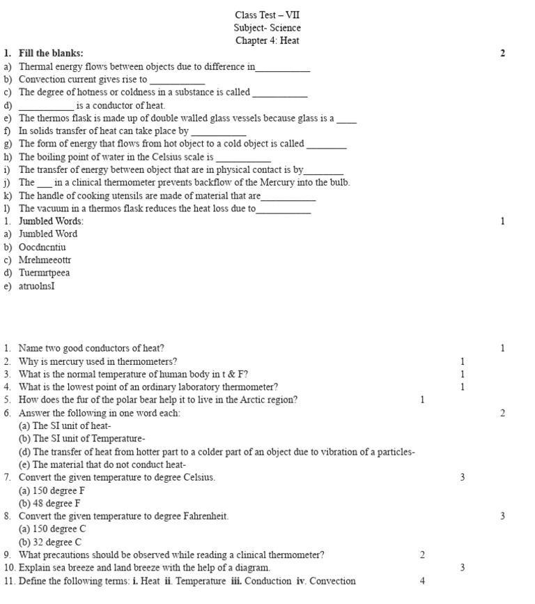 Class 7 Heat Worksheet with Answers | PDF | Heat | Temperature