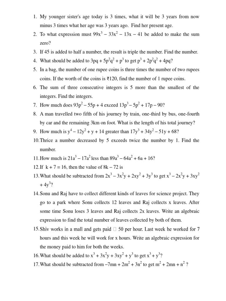Class Test - Simple Equation and Linear Equation - Class 7 | PDF ...