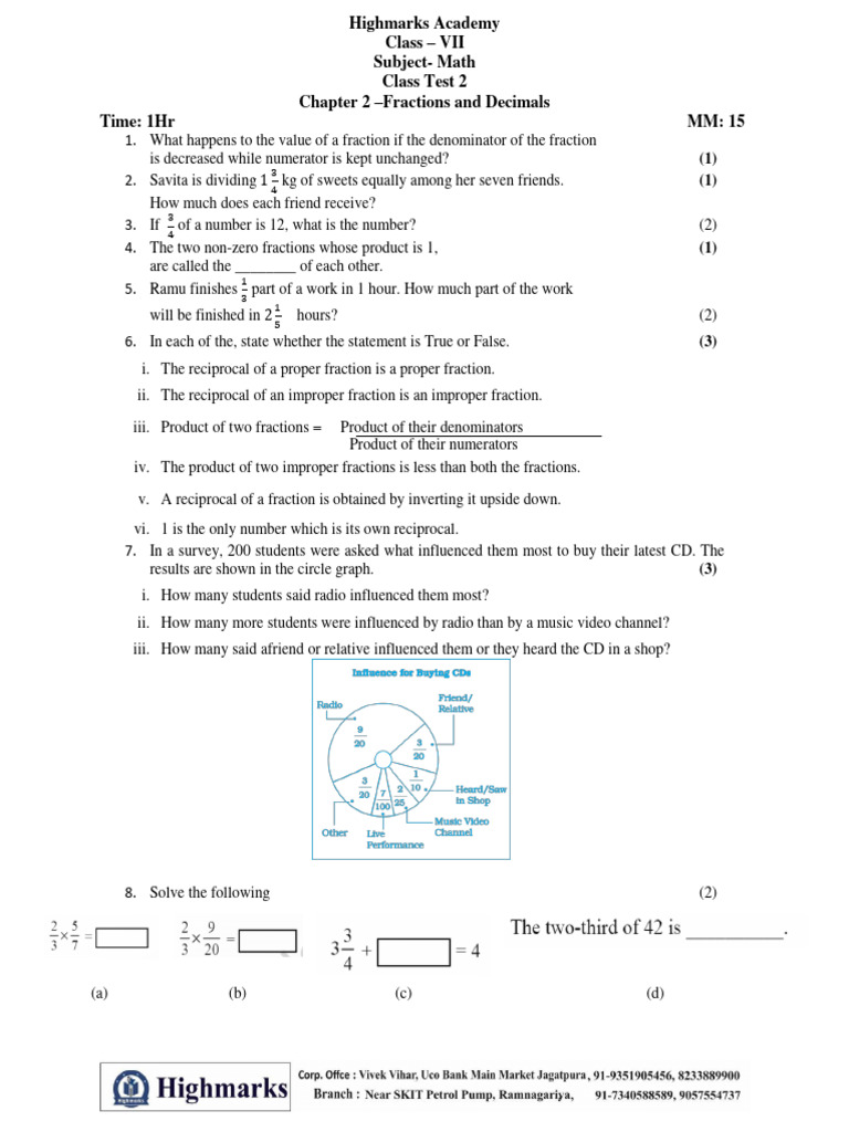 Class Test 2 - Chapter 2 - Fractions and Decimals - Class 7 | PDF