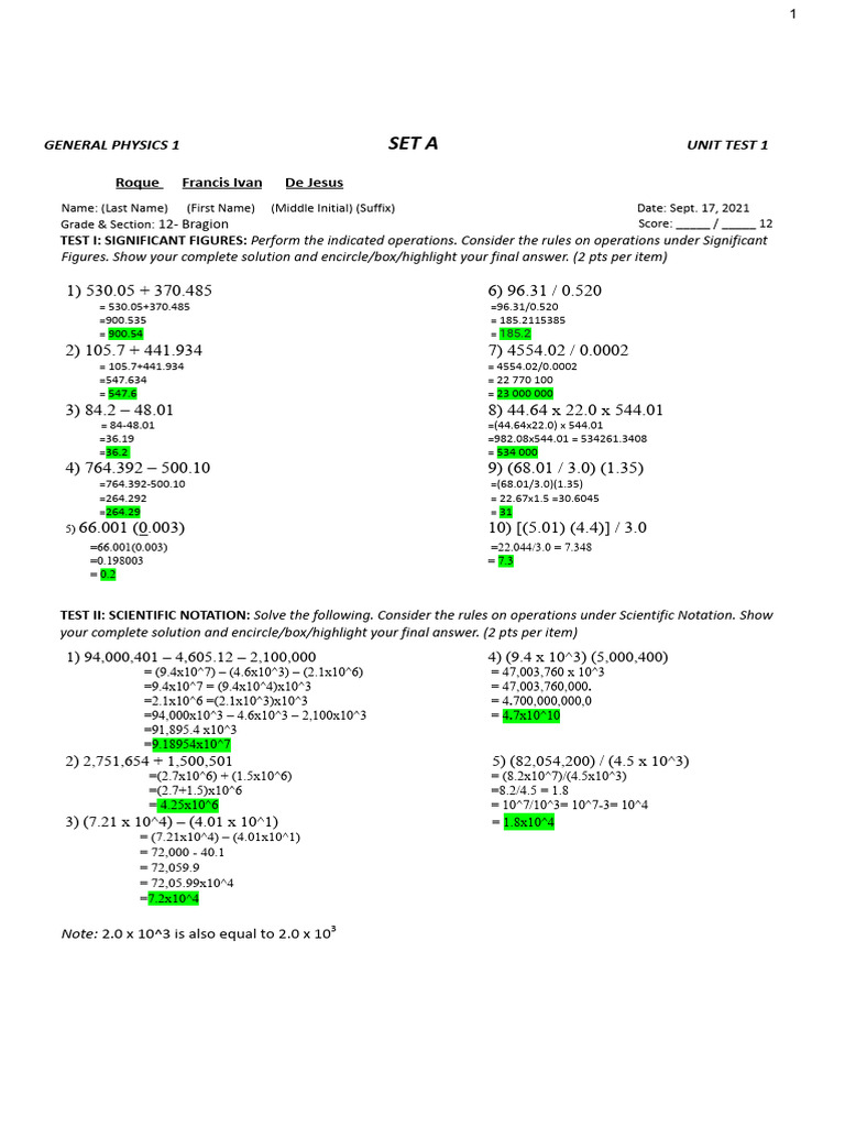 General Physics Unit Test 1 Solutions | PDF | Quantity | Metrology