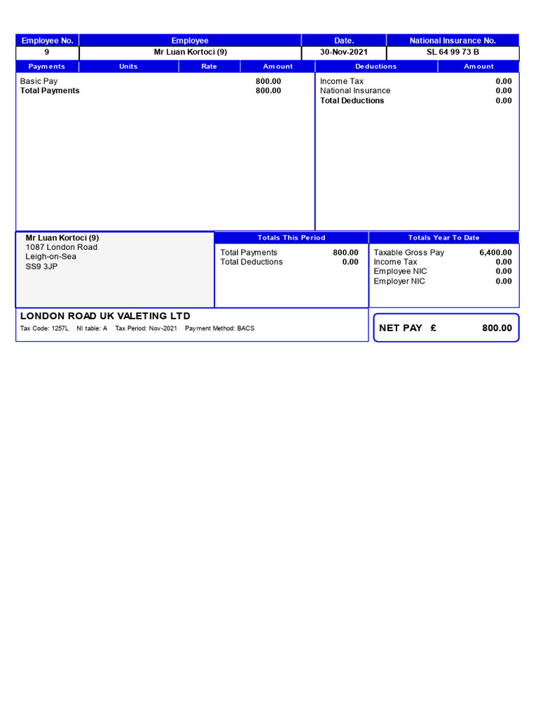 LONDON ROAD UK VALETING LTD - Employee Payslip For Nov-2021 For MR Luan ...