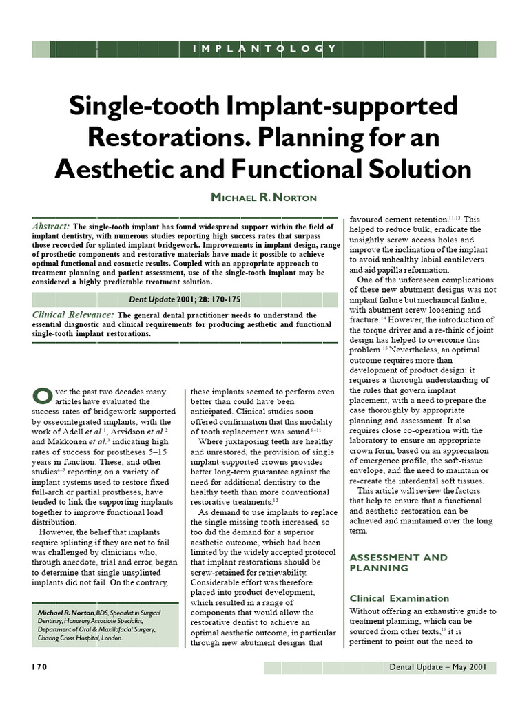 2001 - Single-Tooth Implant-Supported Restorations. Planning For An Aesthetic and Functional ...