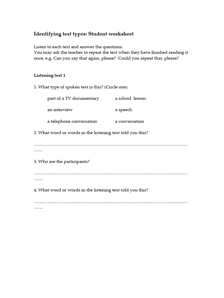 LT2Identifying Text Types - Student Worksheet | PDF | Human ...