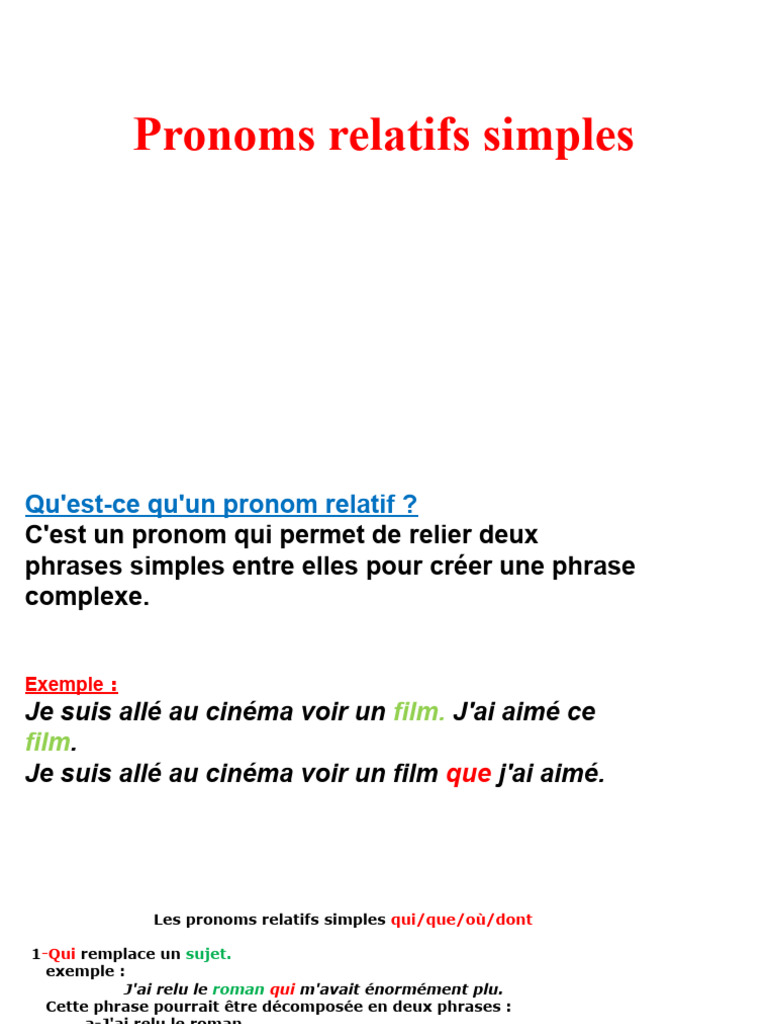 Pronoms Relatifs Simples | PDF | Pronom | Phrase