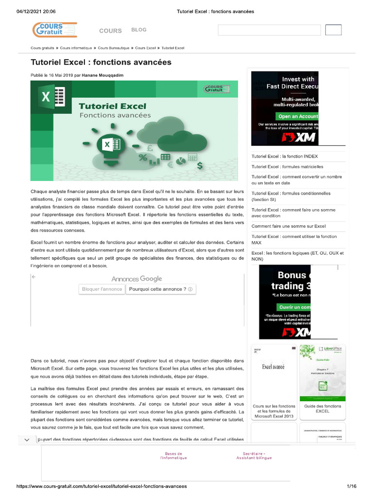 Tutoriel Excel - Fonctions Avancées | PDF