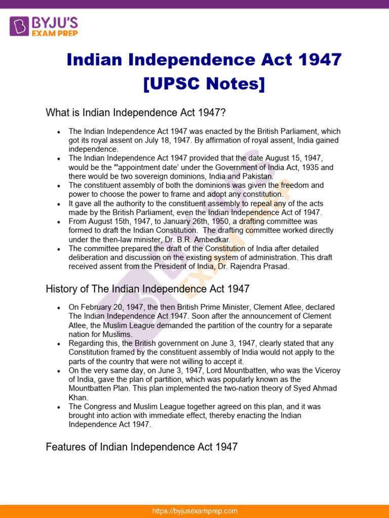 Indian Independence Act 1947 Upsc Notes 67 | PDF | Partition Of India ...