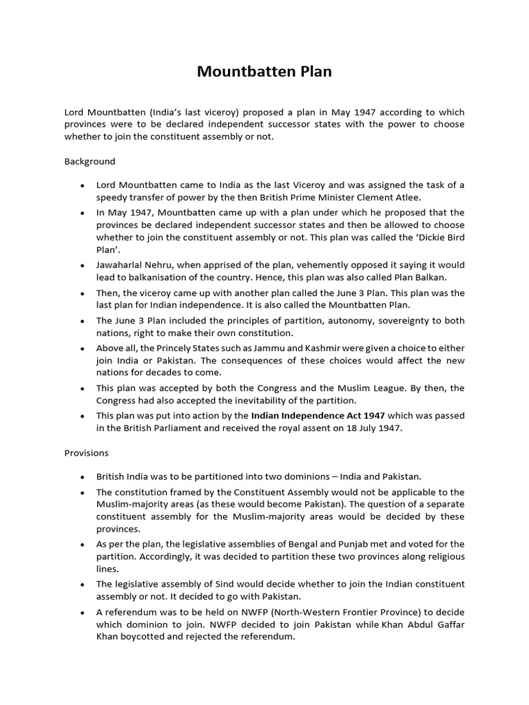 Mountbatten Plan | PDF | Partition Of India | British Raj