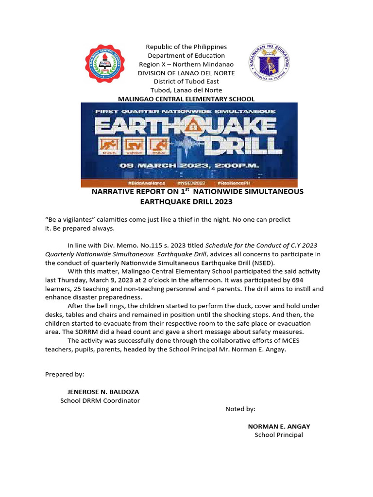 4th Earthquake Drill Narraative Report | PDF | Disasters
