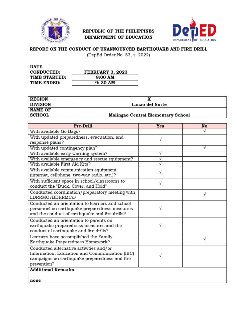 Unannounced Earthquake Drill REPORT | PDF