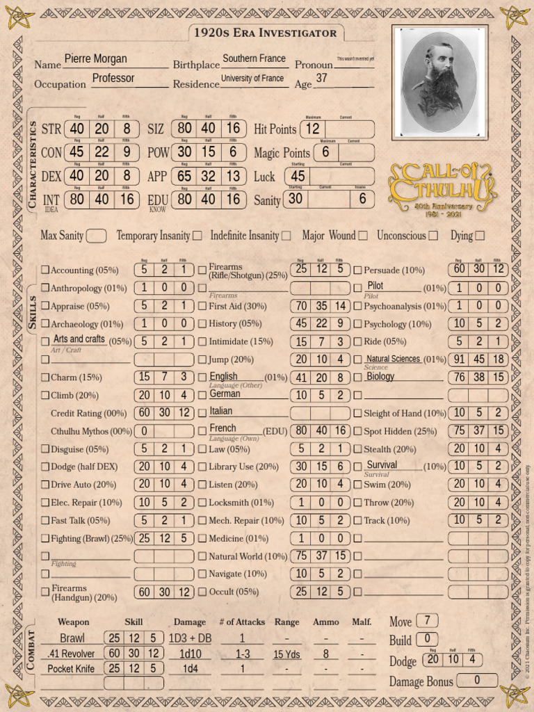 Pierre Morgan Character Sheet | PDF