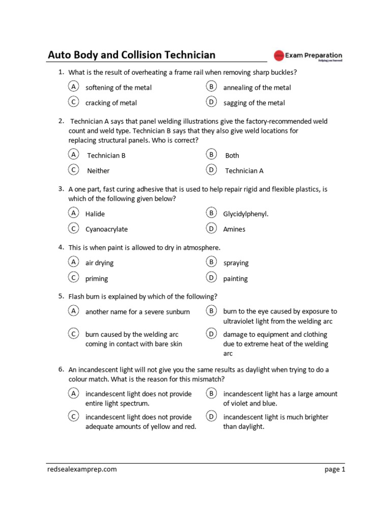 Auto Body Technician Exam Questions | PDF | Welding | Construction