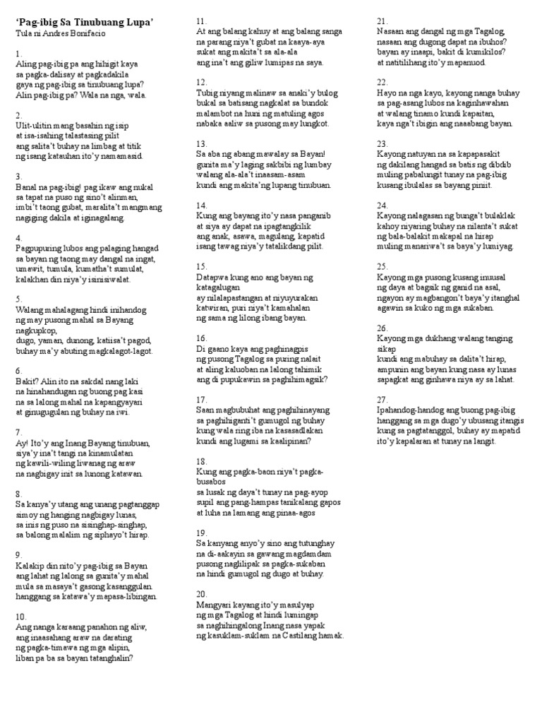 Andres Bonifacio-Pag-Ibig Sa Tinubuang Lupa | PDF