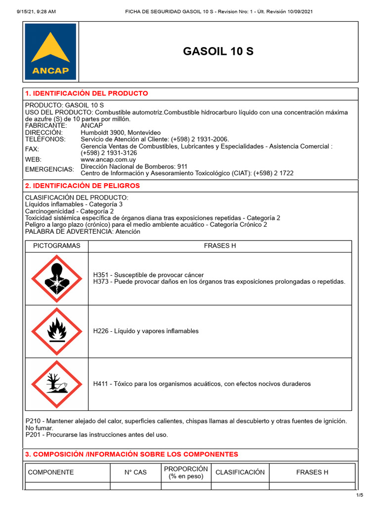 Ficha de Seguridad Gasoil | PDF | Contaminación | Agua