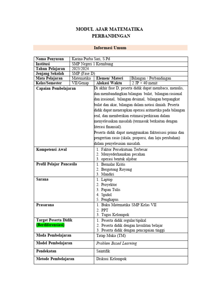 Modul Ajar Berdeferensiasi Kelas 7 Materi Perbandingan | PDF
