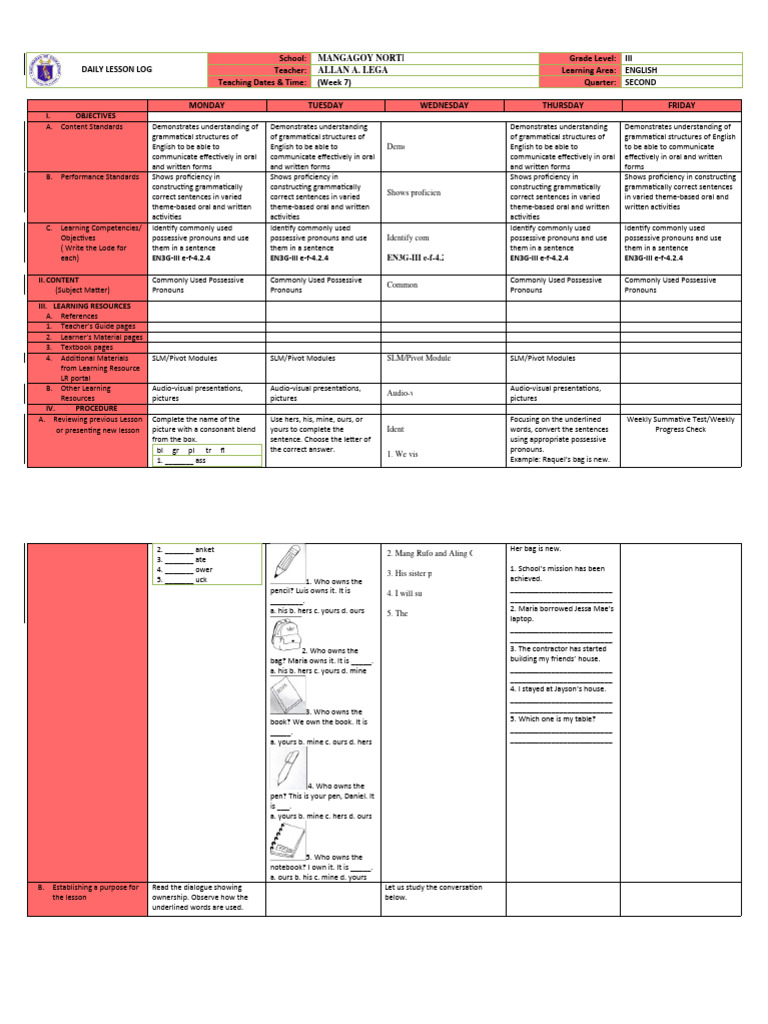 DLL - ENGLISH 3 - Q2 - C7 - Possessive Nouns | PDF | English Language | Pronoun