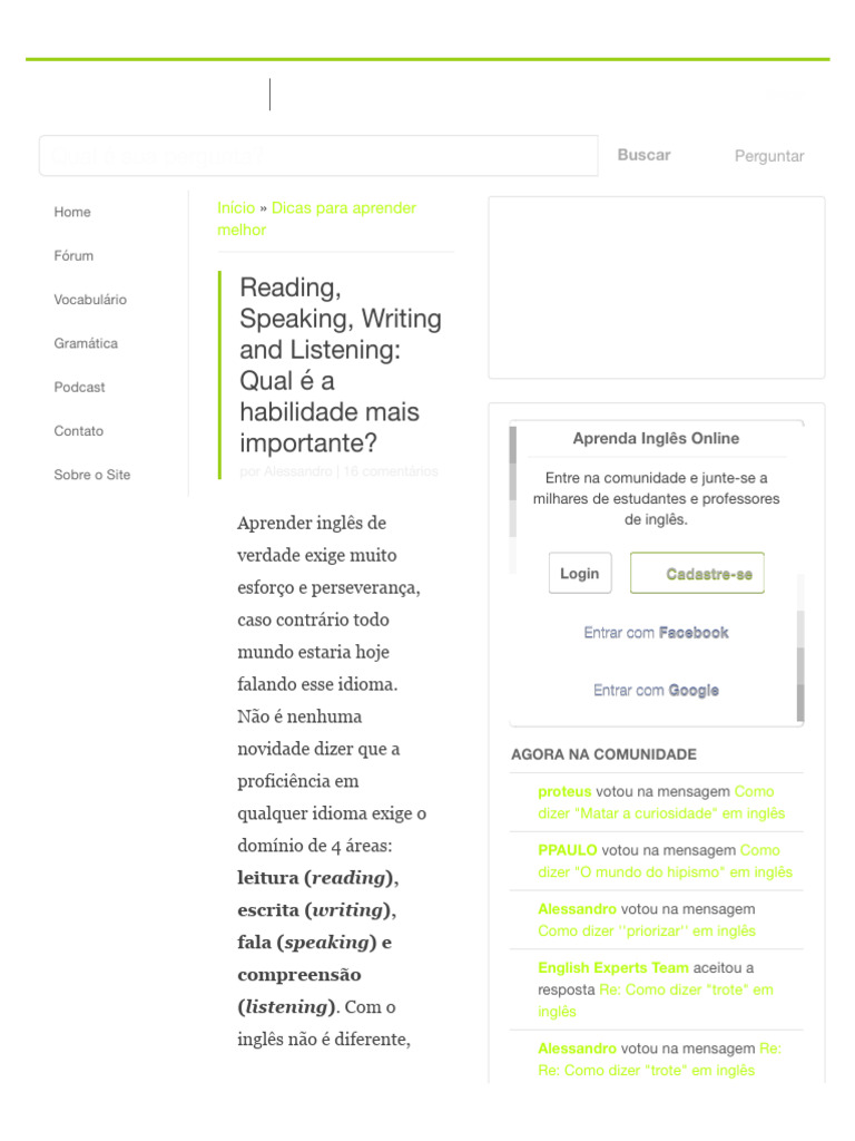 Reading, Speaking, Writing and Listening: Qual É | PDF | Língua inglesa ...