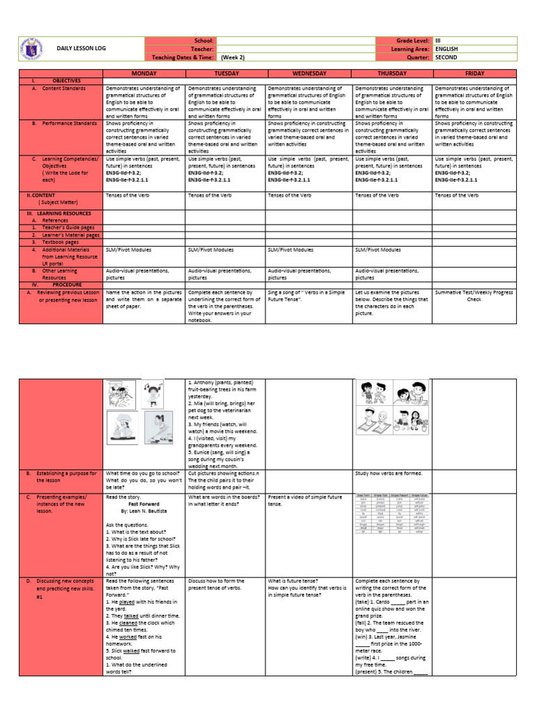 DLL - ENGLISH 3 - Q2 - C2 - Verbs Past Present Future | PDF | Grammatical Tense | English Language