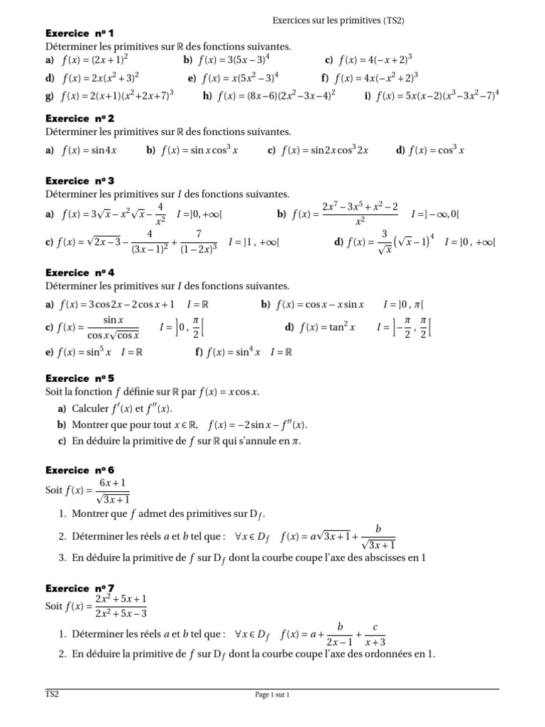 Primitives de fonctions : Exercices TS2 | PDF | Analyse mathématique