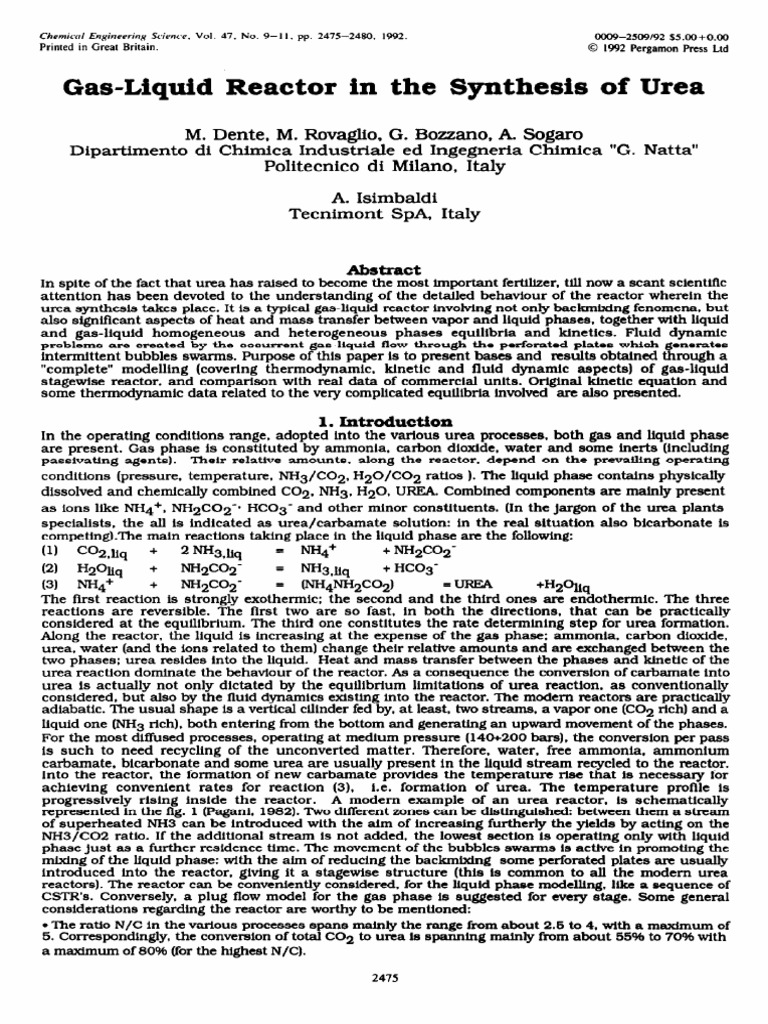 Gas-Liquid Reactor for Urea Synthesis | PDF | Urea | Chemical Reactor