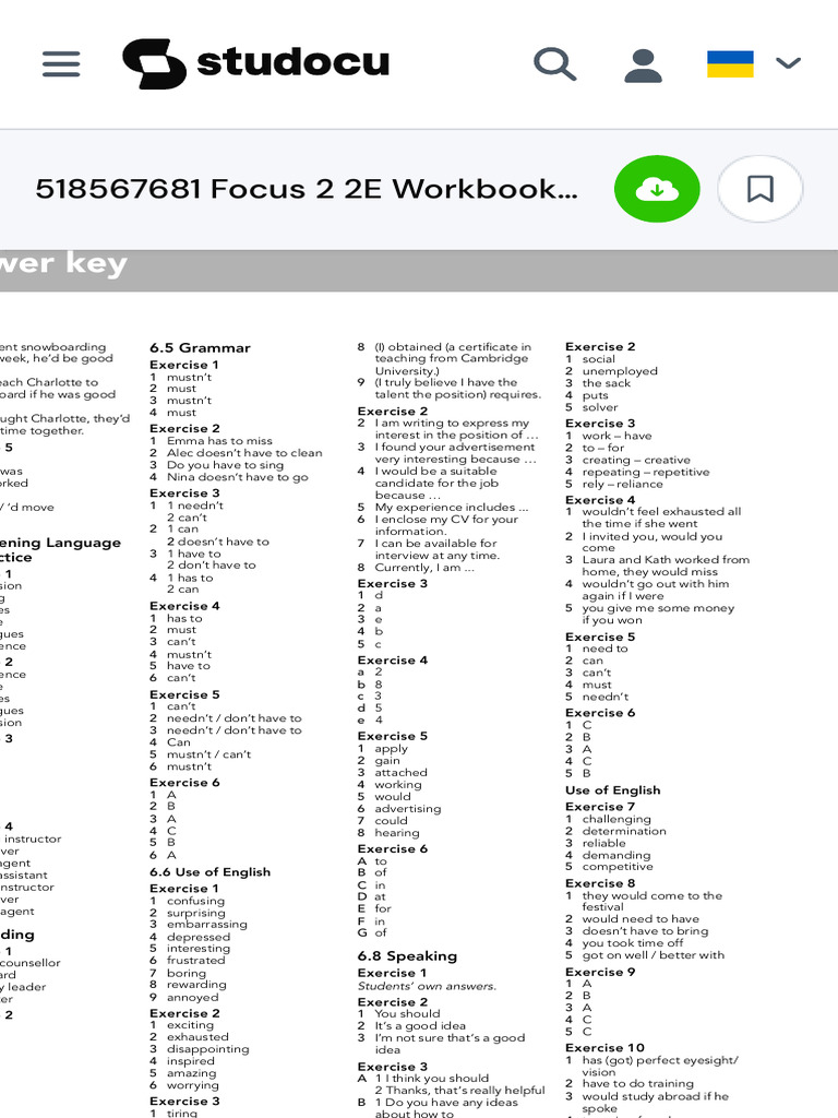 Focus 2 2E Workbook Answers - 1 Vocabulary Exercise 1 1 Unsociable 2 Boring 3 Relaxed 4 ...