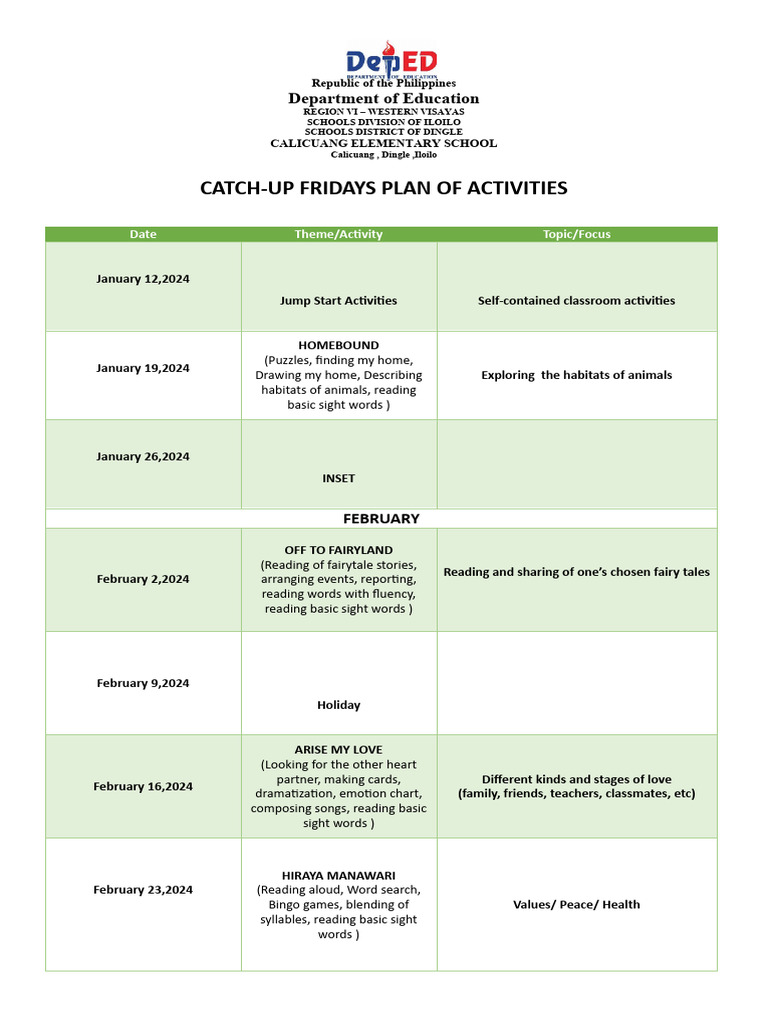 Plan of Activities CatchUpFridays | PDF | Learning | Cognition