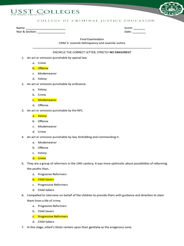 CRIM 5 FINAL EXAM Answer Key | PDF | Marriage | Oedipus Complex
