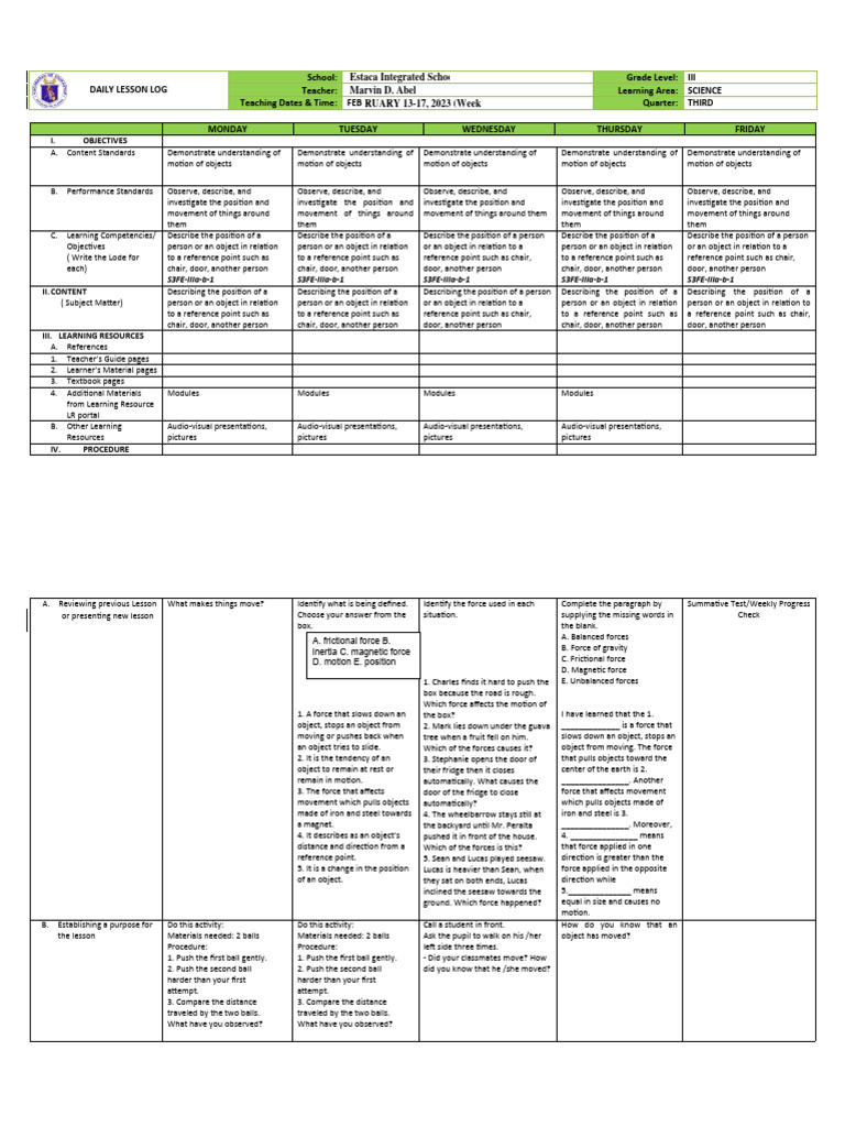 DLL - Science 3 - Q3 - Week 1 | PDF | Force | Friction
