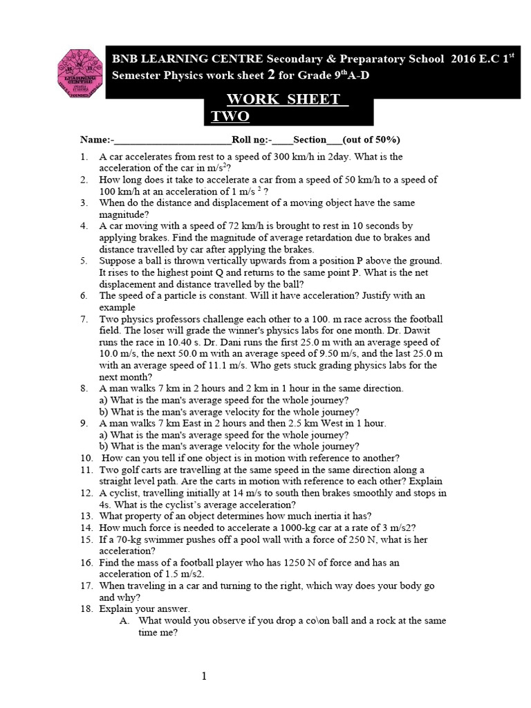 Work Sheet Tow 9th | PDF | Acceleration | Speed