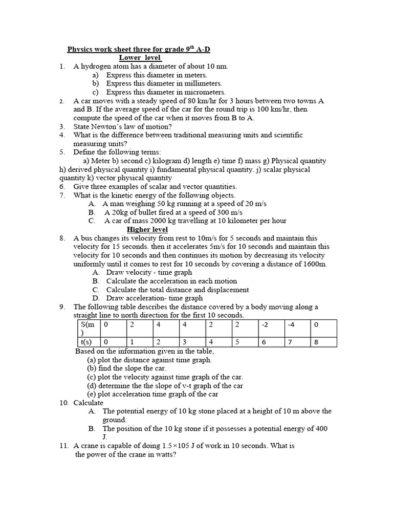 Physics Work Sheet Three For Grade 9th A-D | PDF | Velocity | Speed