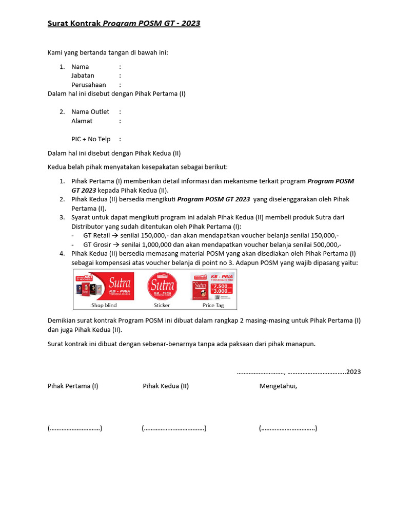 Surat Kontrak Program POSM GT 2023 | PDF