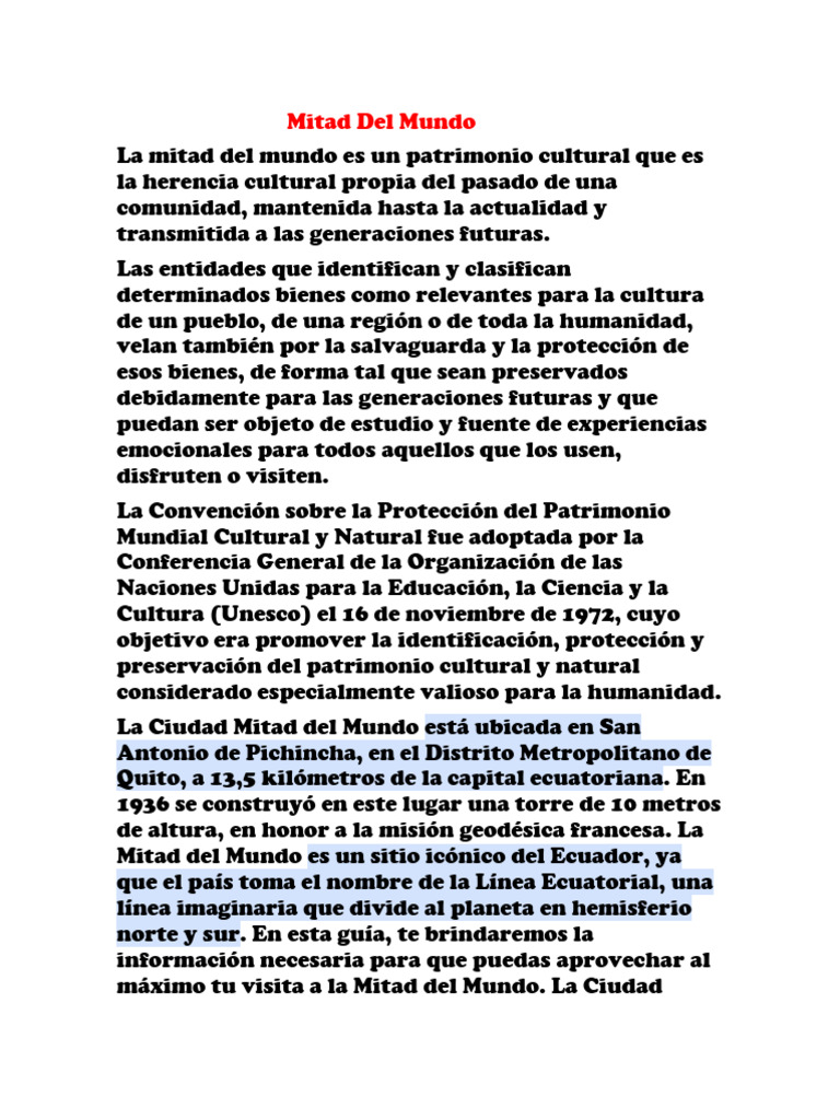 La Mitad del Mundo: Patrimonio Cultural Ecuatoriano | PDF